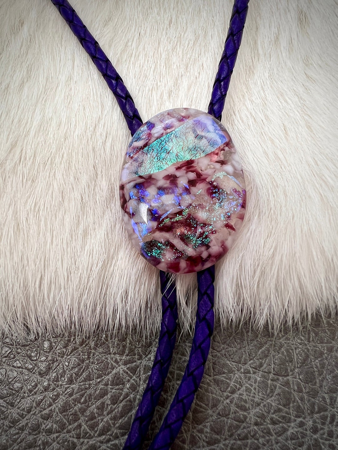 Beautiful Flashy Art Glass Bolo Tie, Leather Braided Cord 40purple ...
