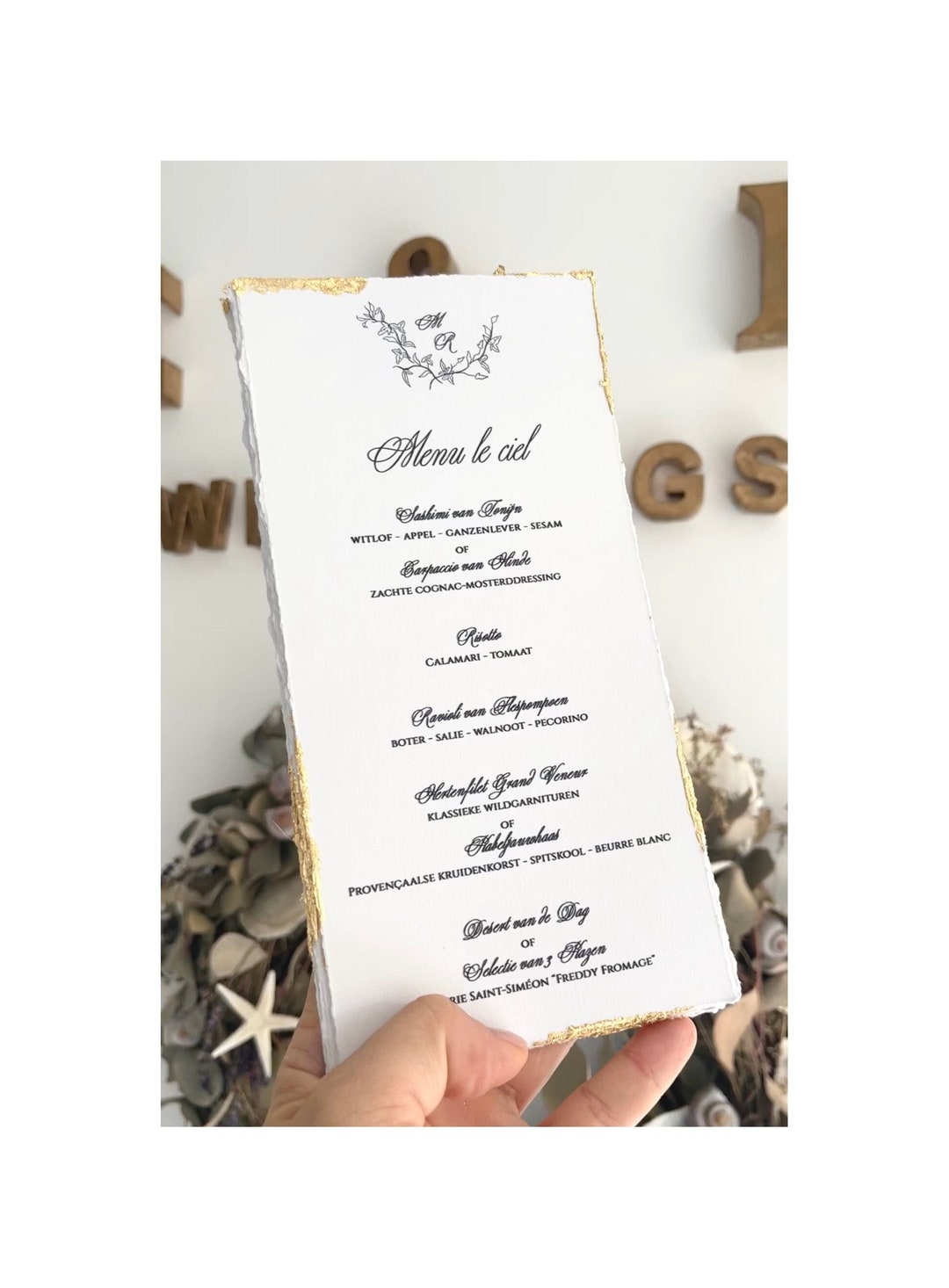 Personalized Menu Card for Weddings and Events With Gold Leaf, Drink ...