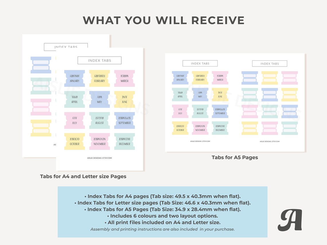 Printable Index Tabs, Printable Planner Inserts, Tabs for Journal, A5 ...
