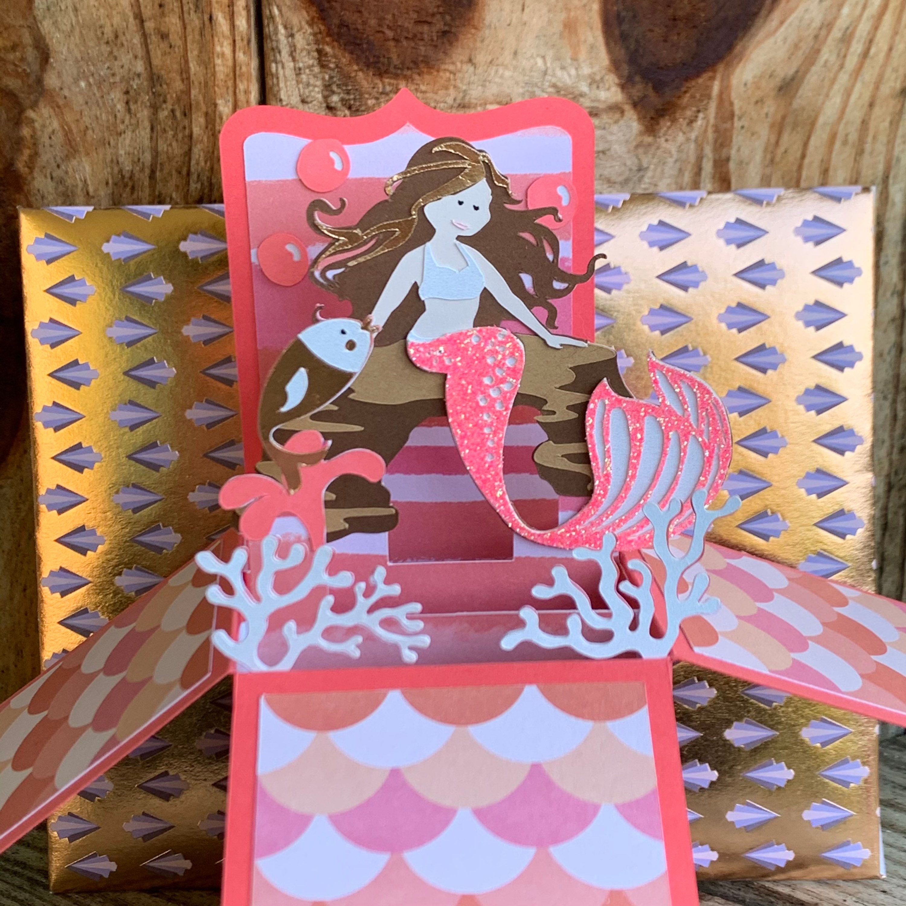 Handmade Brunette Mermaid pop up 3D box card. One of a kind | Etsy