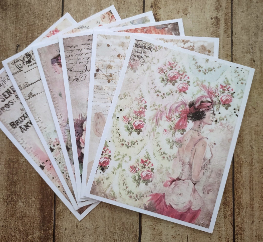 Handmade Set of Rice Paper Vintage Ladies and Floral Notecards With ...