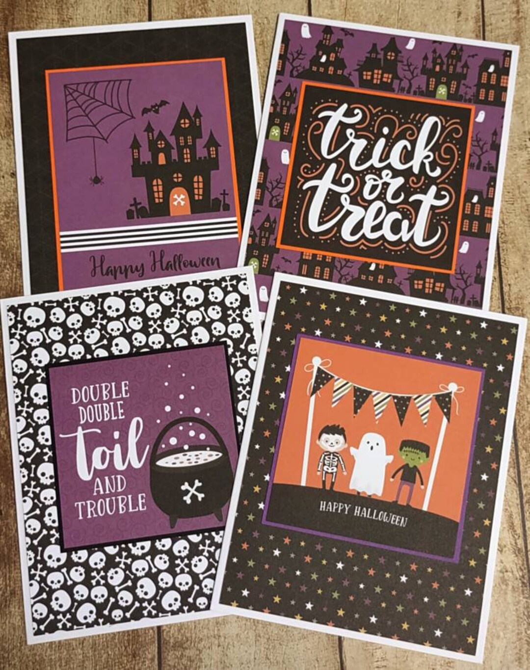 Set of 4 Handmade Halloween Cards Trick or Treat Ghost Toil and Trouble ...