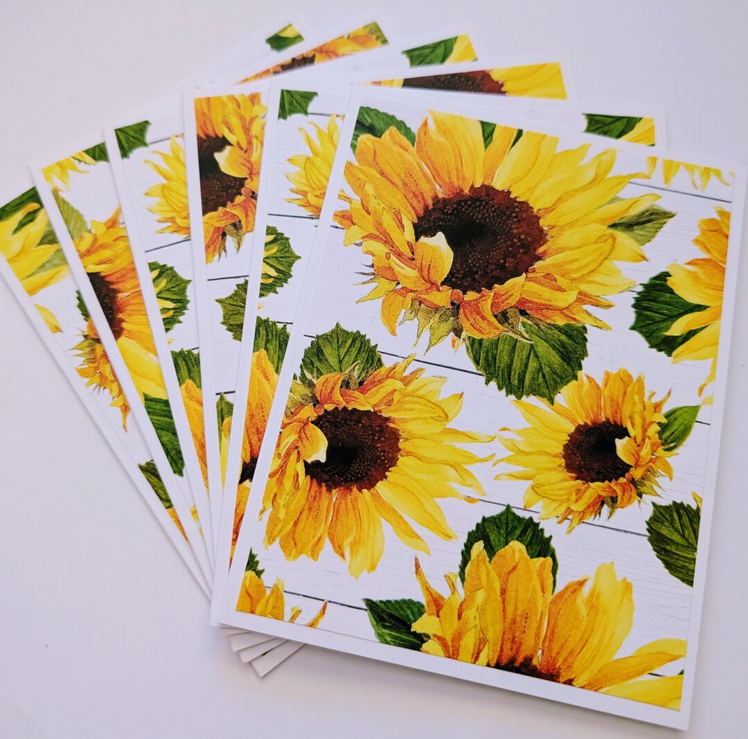 Set of 6 Sunflower and White Wood Shiplap Note Cards With Envelopes ...