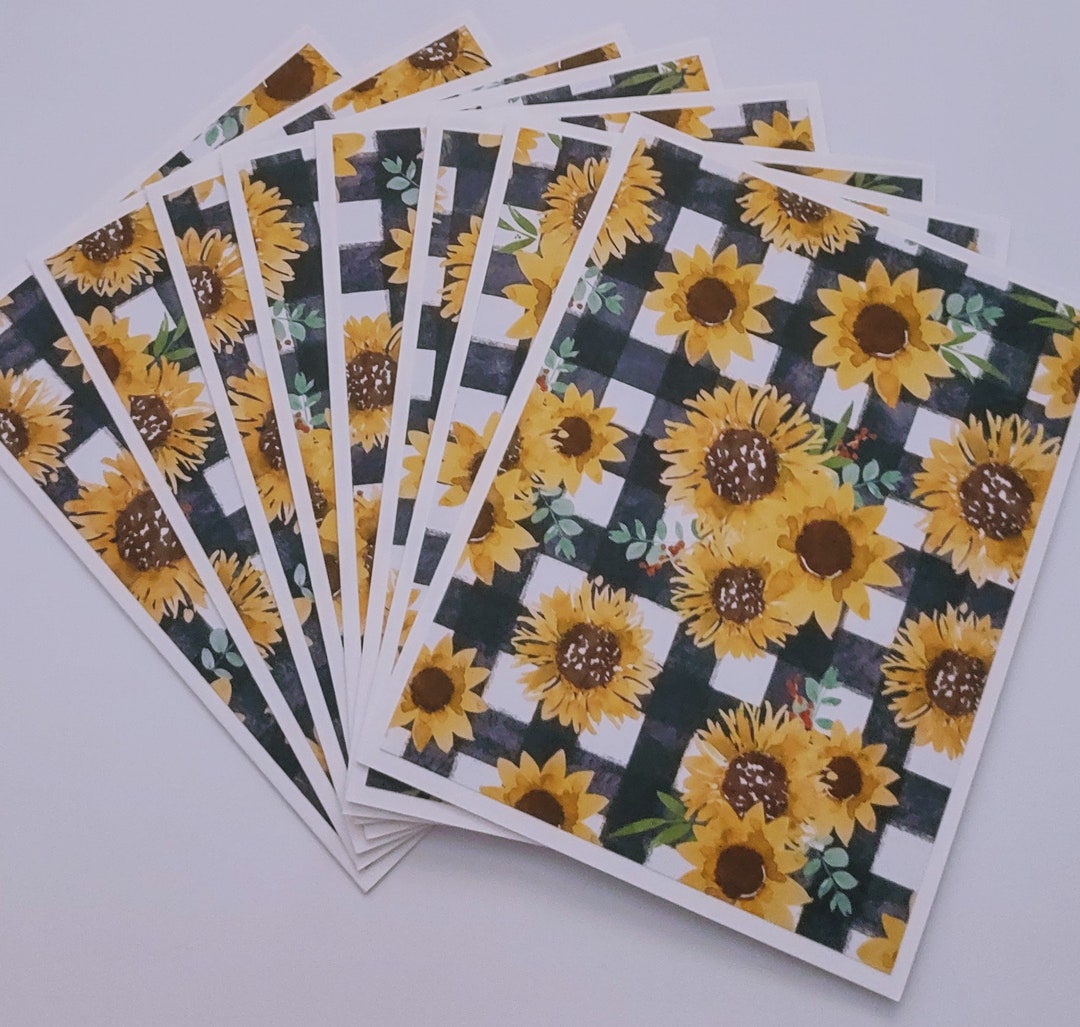 Set of 8 Sunflower and Buffalo Plaid Note Cards With Envelopes, Love ...