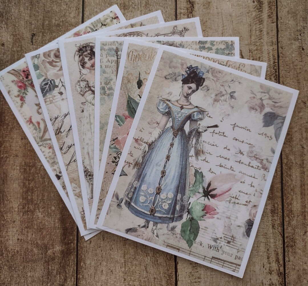 Handmade Set of Rice Paper Vintage Ladies and Floral Notecards With ...