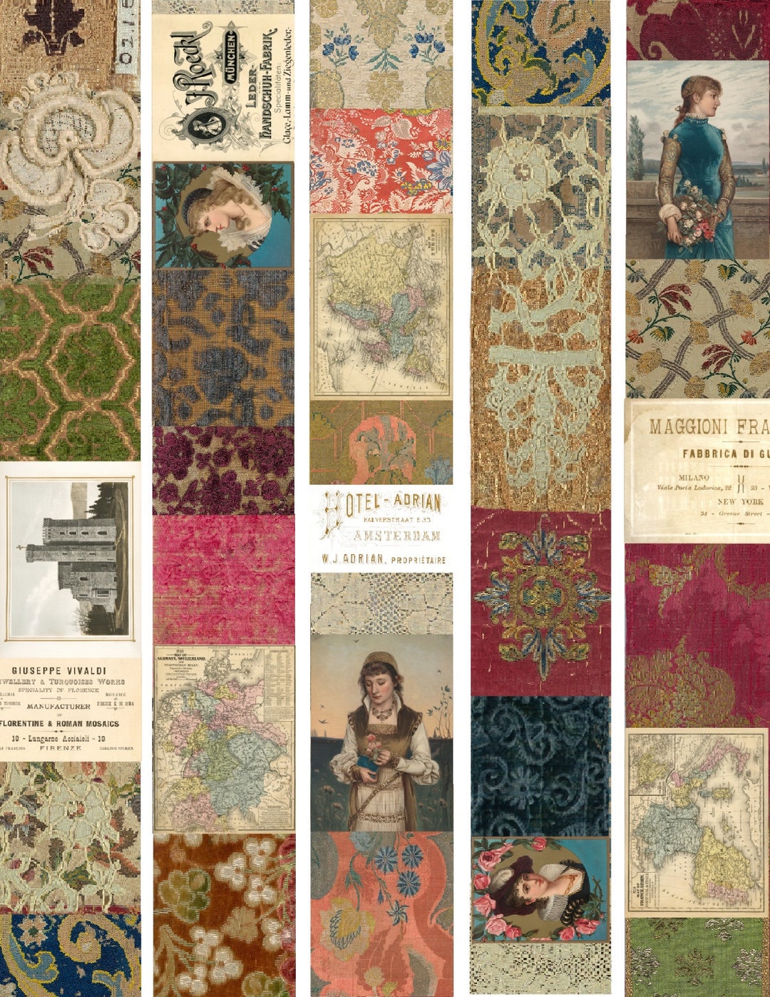 5 Collage RENAISSANCE SNIPPET STRIPS, Vintage Textiles, Antique Fabric ...