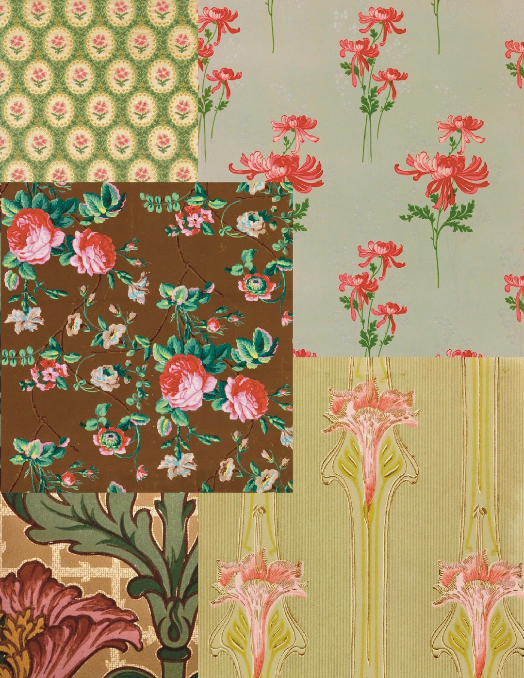 5 PATCHWORK FLORAL Collage Sheets, Journal Pages, Paper Pack, Wallpaper ...