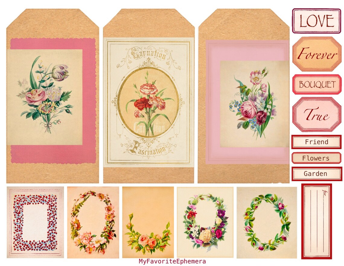 FLORAL JOURNAL TAGS Layered Kit Vintage Ephemera Digital - Etsy
