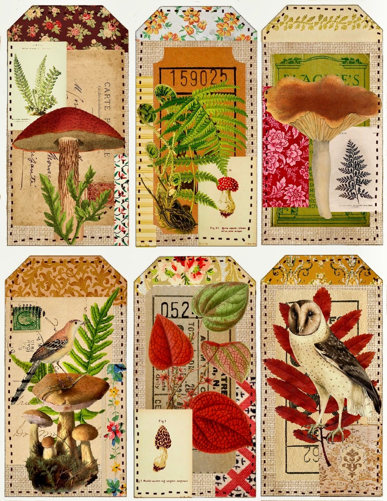 Double Sided Collage Journal Tag Mushroom Owl Autumn - Etsy