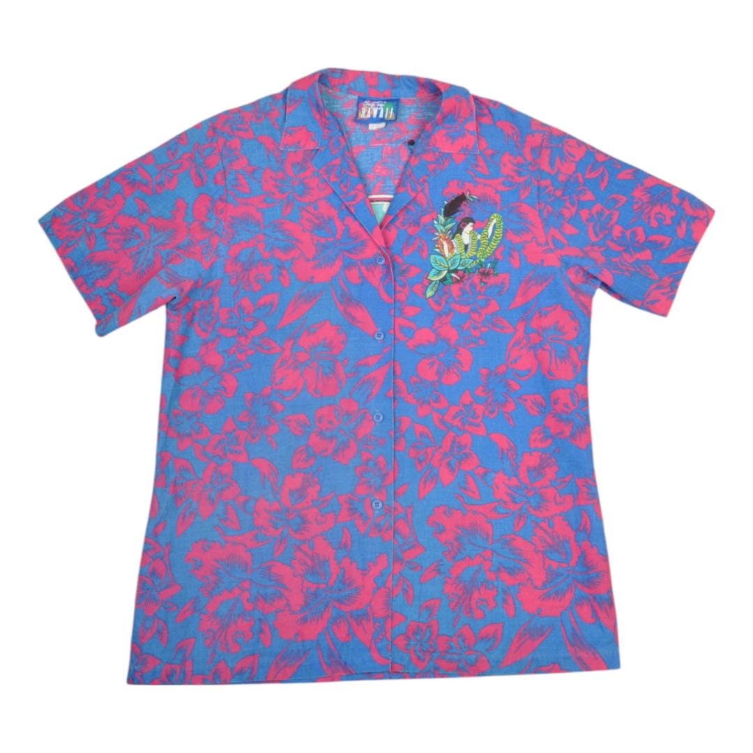 Vintage Hawaiian Shirt Flower Pattern Short Sleeve Blue Ladies Small - Etsy