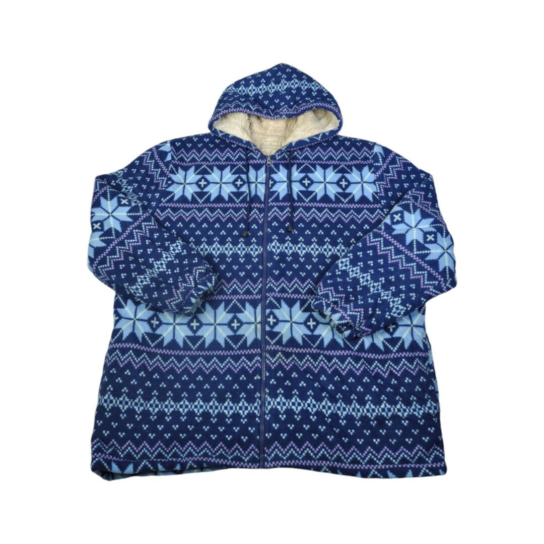 Vintage Hooded Fleece Jacket | Retro Pattern Blue | Women's XXL | Cozy ...