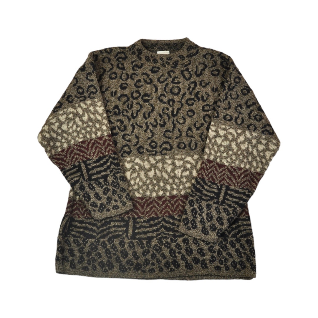 Vintage Knitted Jumper Retro Leopard Print Ladies Small Cozy Knitwear ...