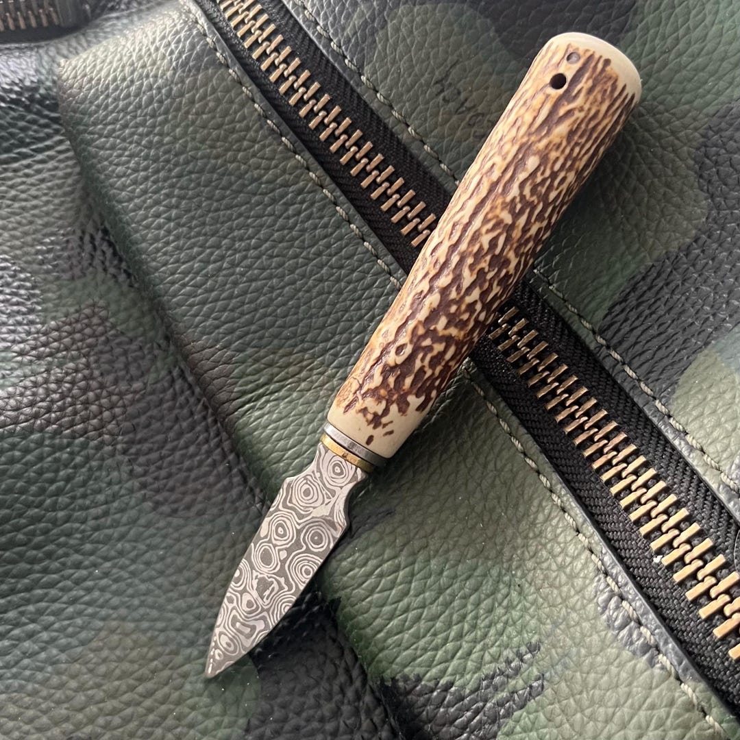 Dagger Point Knife Damascus Steel Pattern Dull Blade • Imitation Antler ...
