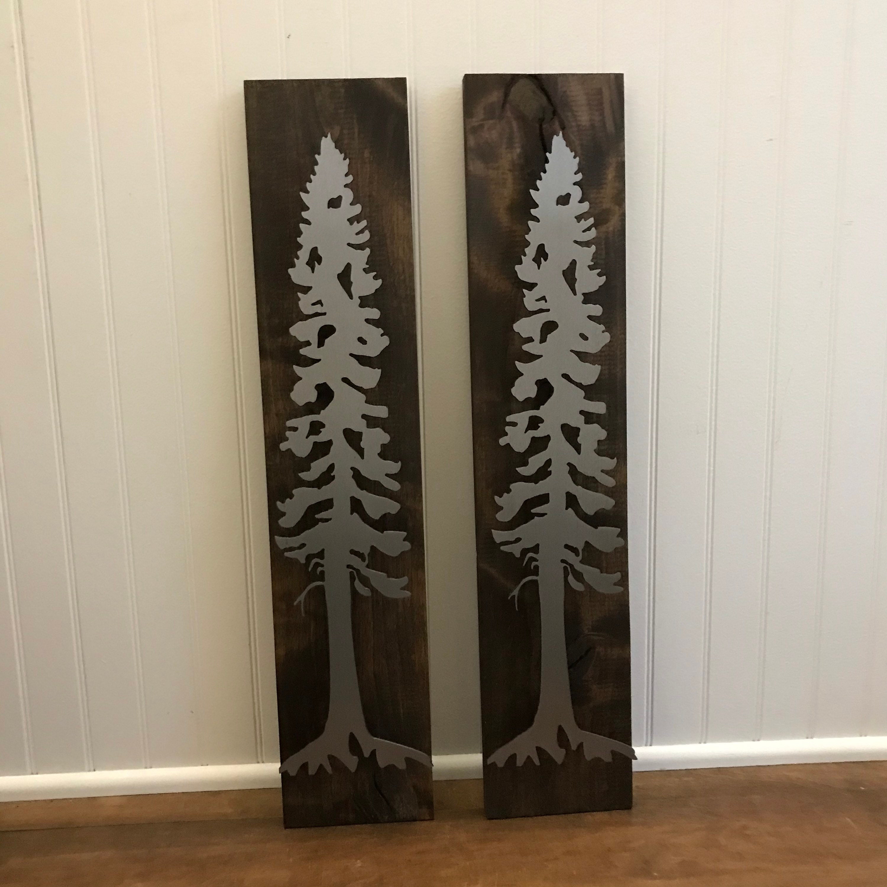 Set of Pine Tree on Knotty Alder / Wood and Metal Signs / - Etsy