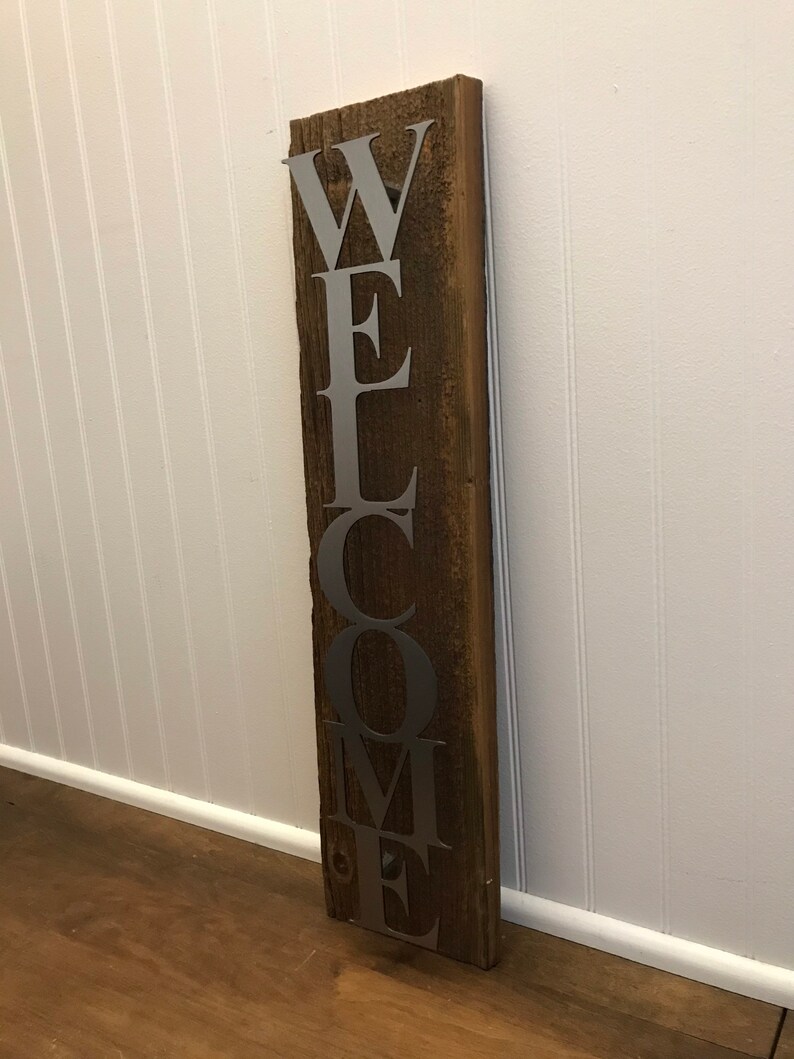 Welcome on Barn Wood Block Text / Wood and Metal Signs / Rustic Sign ...