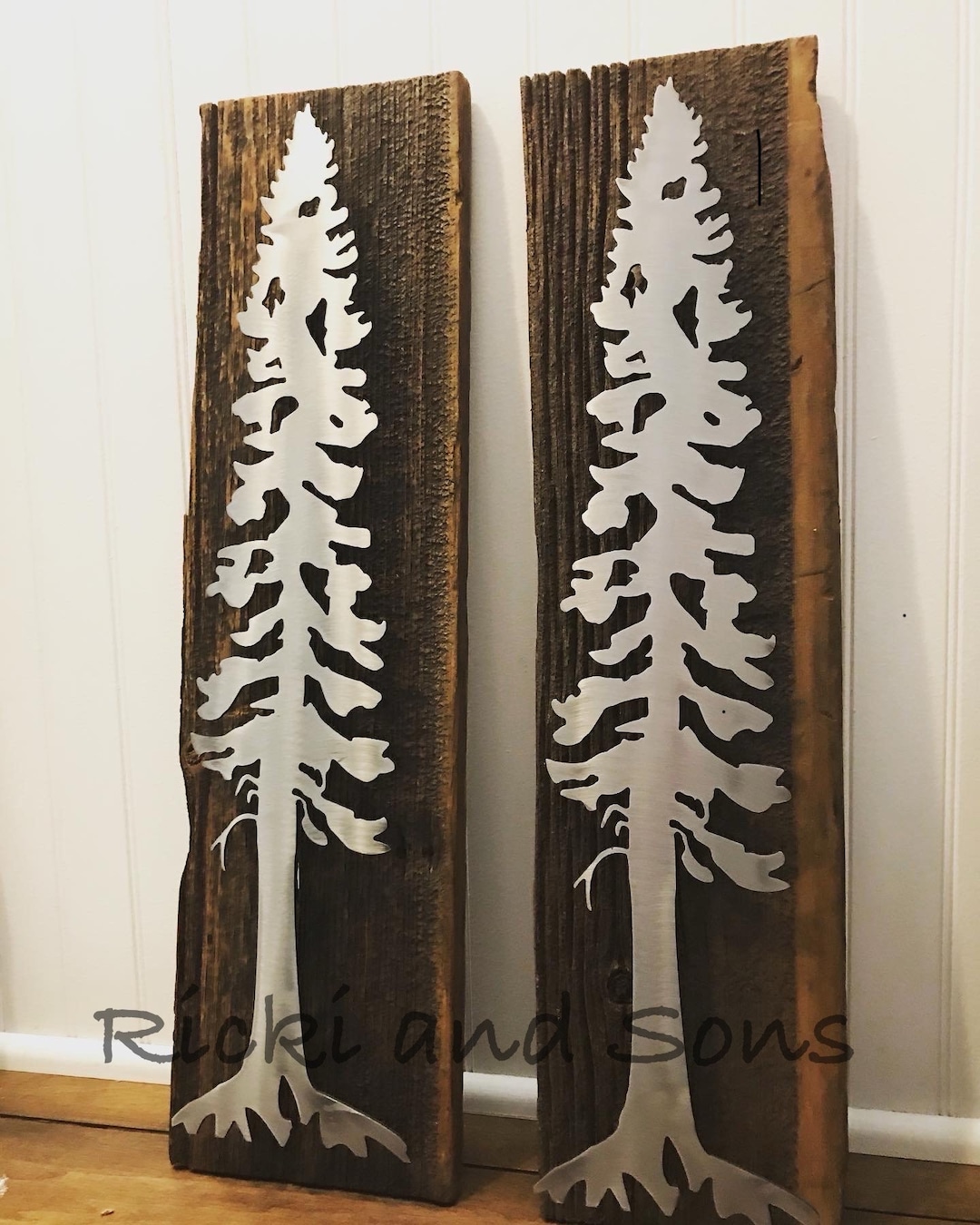 Set of Pine Tree on Barn Wood / Wood and Metal Signs / Rustic Sign ...