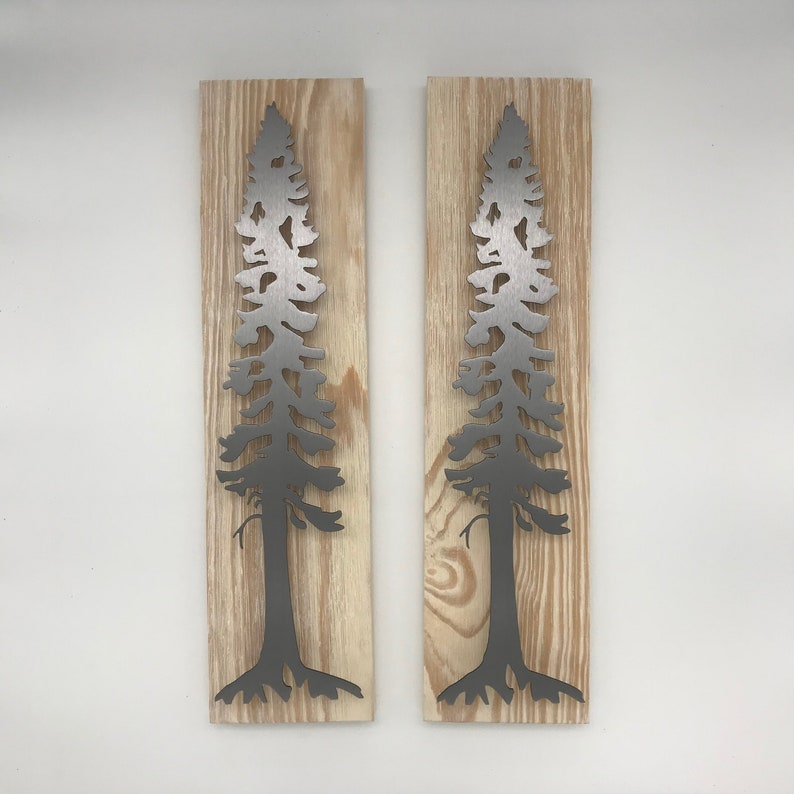 Set of Pine Tree on White Washed Pine / Wood and Metal Signs / | Etsy