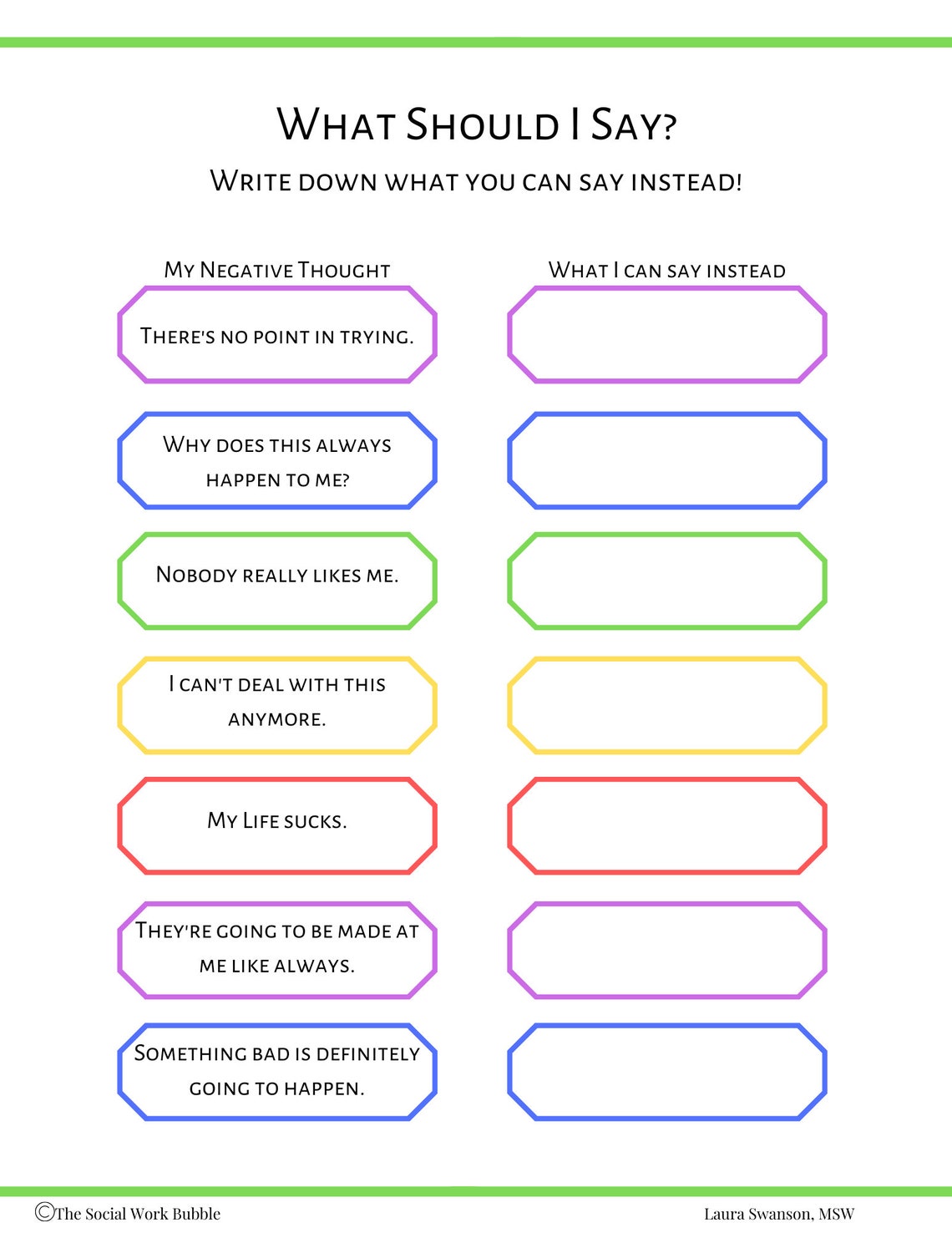 CBT Kids Therapy What Should I Say Instead Worksheet Mental | Etsy