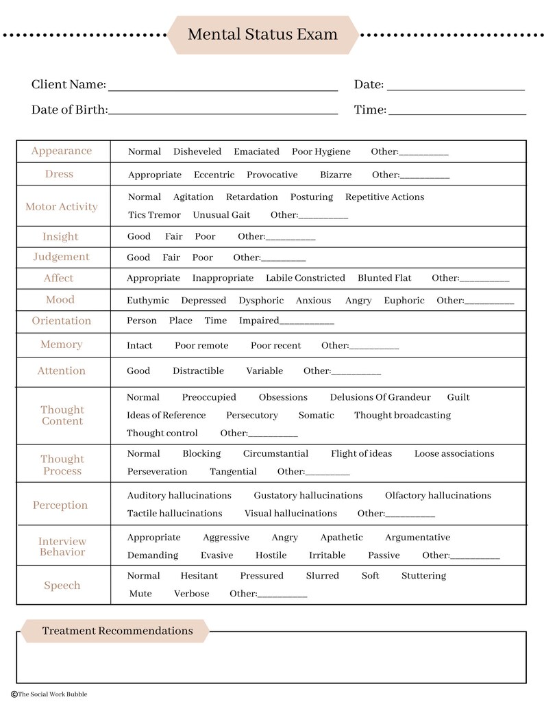 Mental Status Exam for Therapist Counselors Social Workers - Etsy Canada