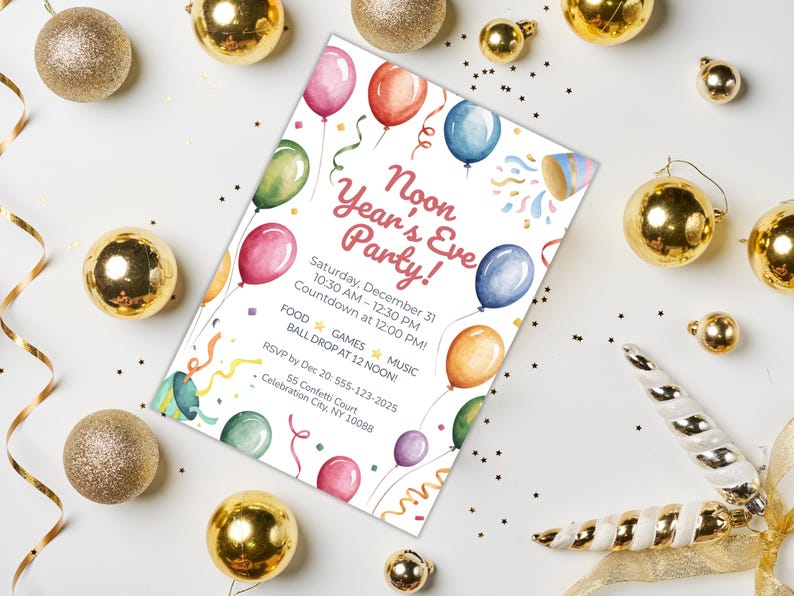 Noon Year’s Eve Party Invitation for Kids, Editable New Year Invitation ...