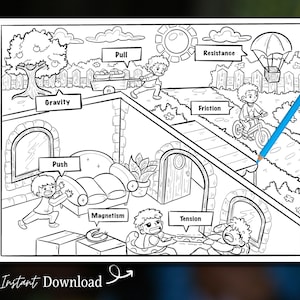 Force and Motion Printable Coloring Page, Physics Education, Preschool ...