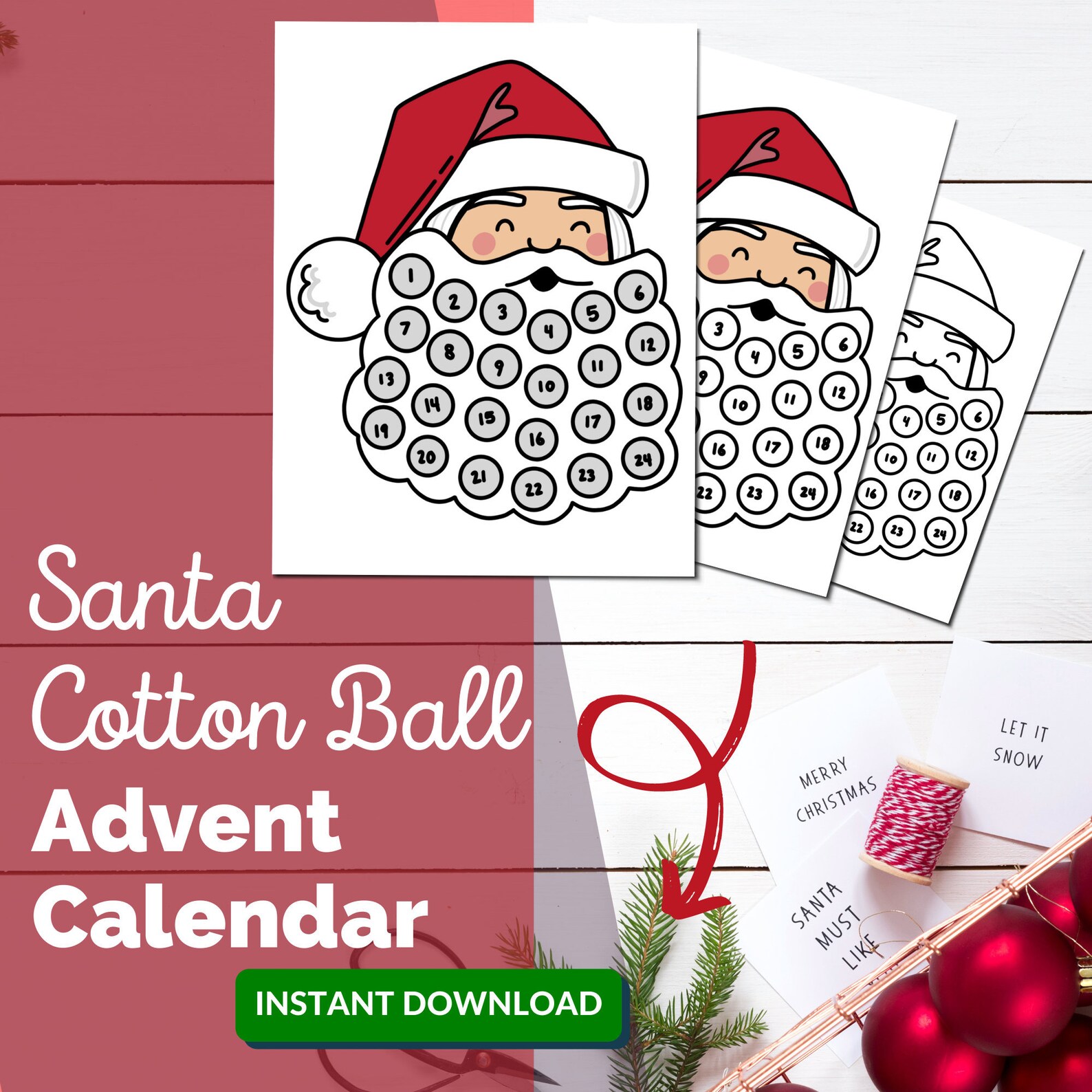 Santa Cotton Ball Advent Calendar for Kids, Christmas Countdown ...