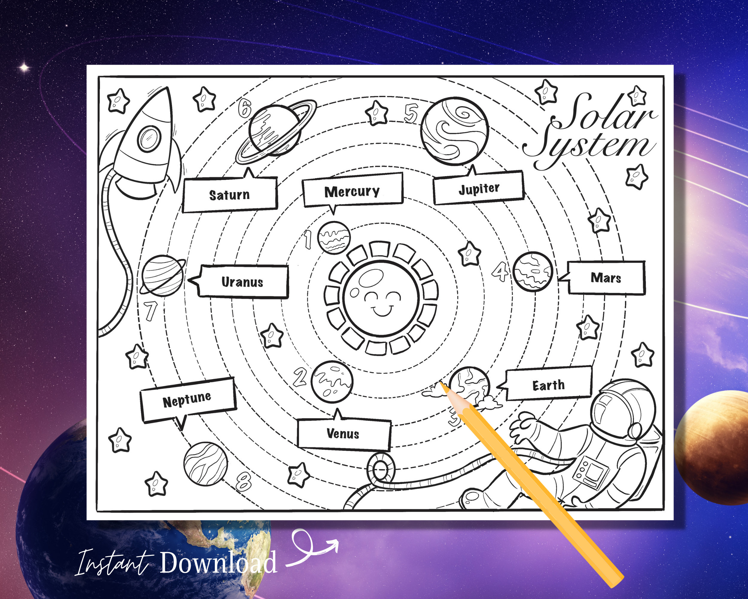 Solar System Coloring Page, Planets Worksheet for Kids, Outer Space ...