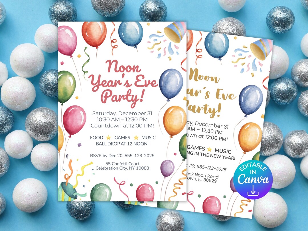 Noon Year’s Eve Party Invitation for Kids, Editable New Year Invitation ...