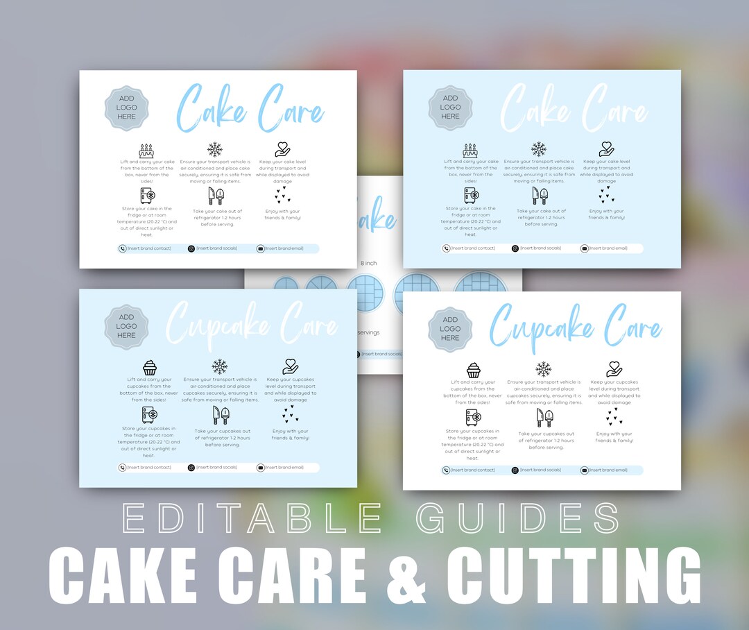 Cake Care Card Template and Cake Cutting Guide Set Editable Printable ...