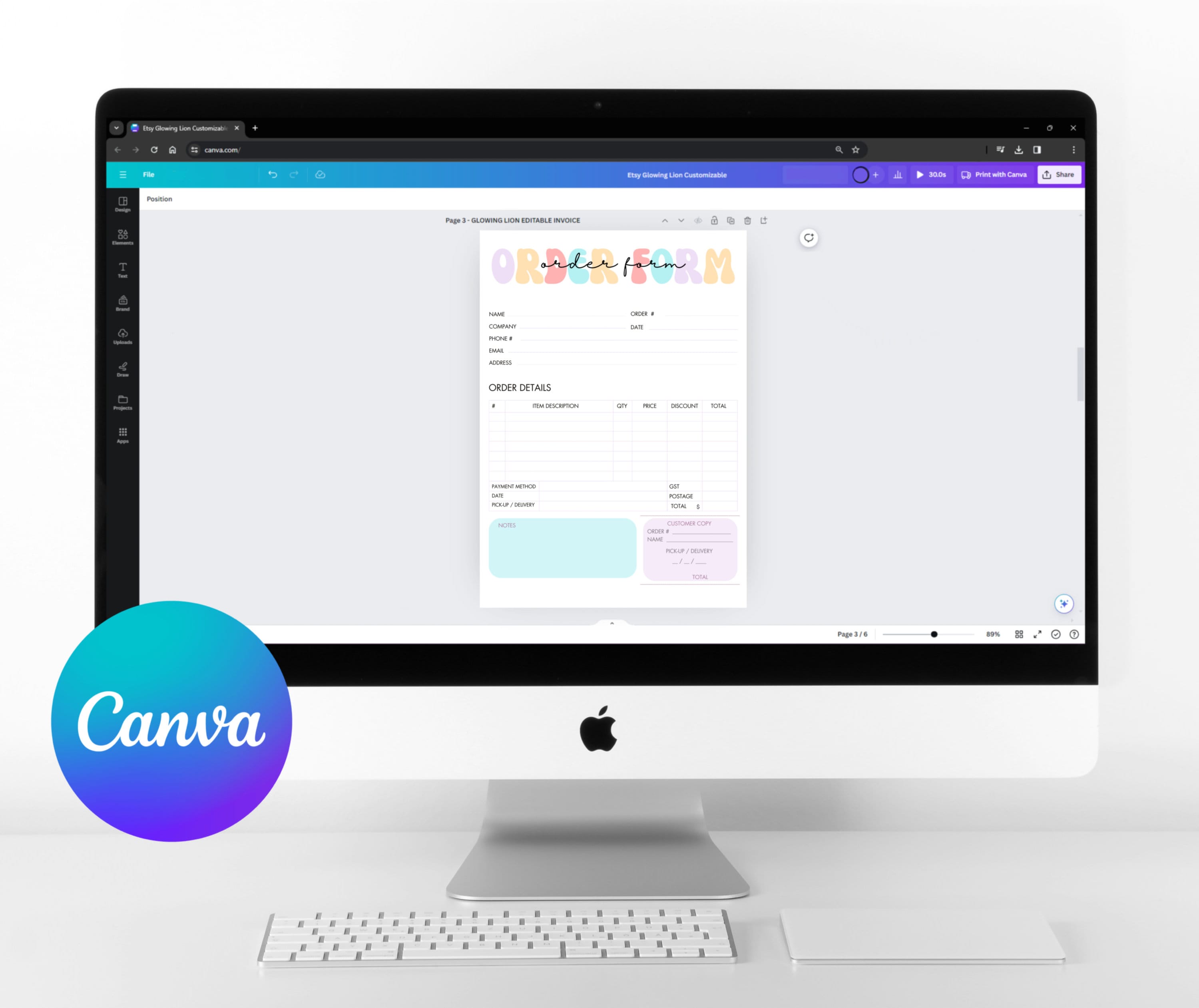 Order Form Template A4 Cute Editable Customer Copy Printable Digital ...
