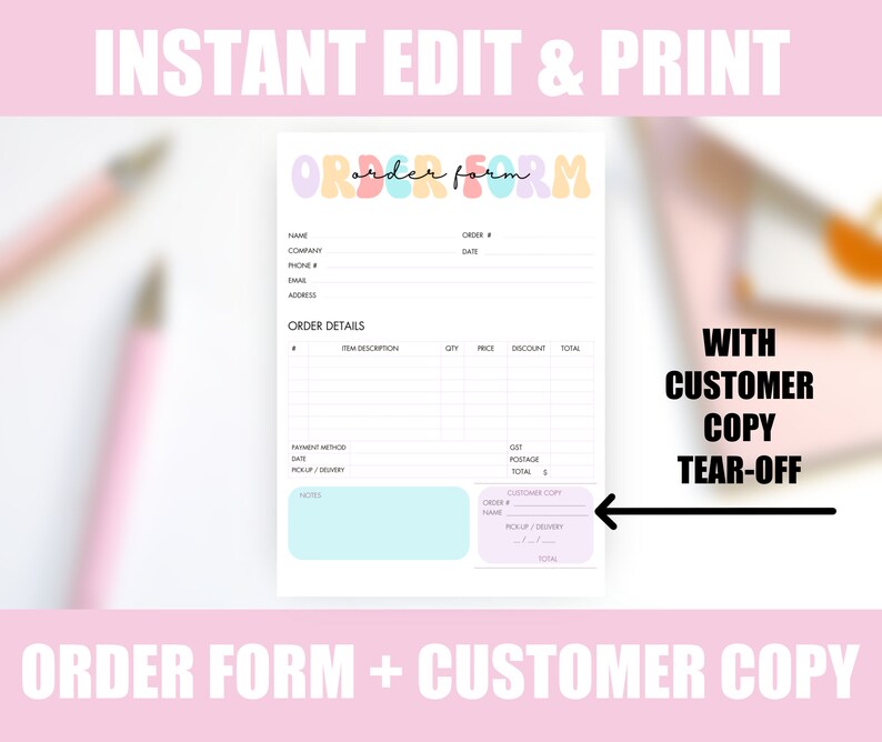 Order Form Template A4 Cute Editable Customer Copy Printable Digital ...