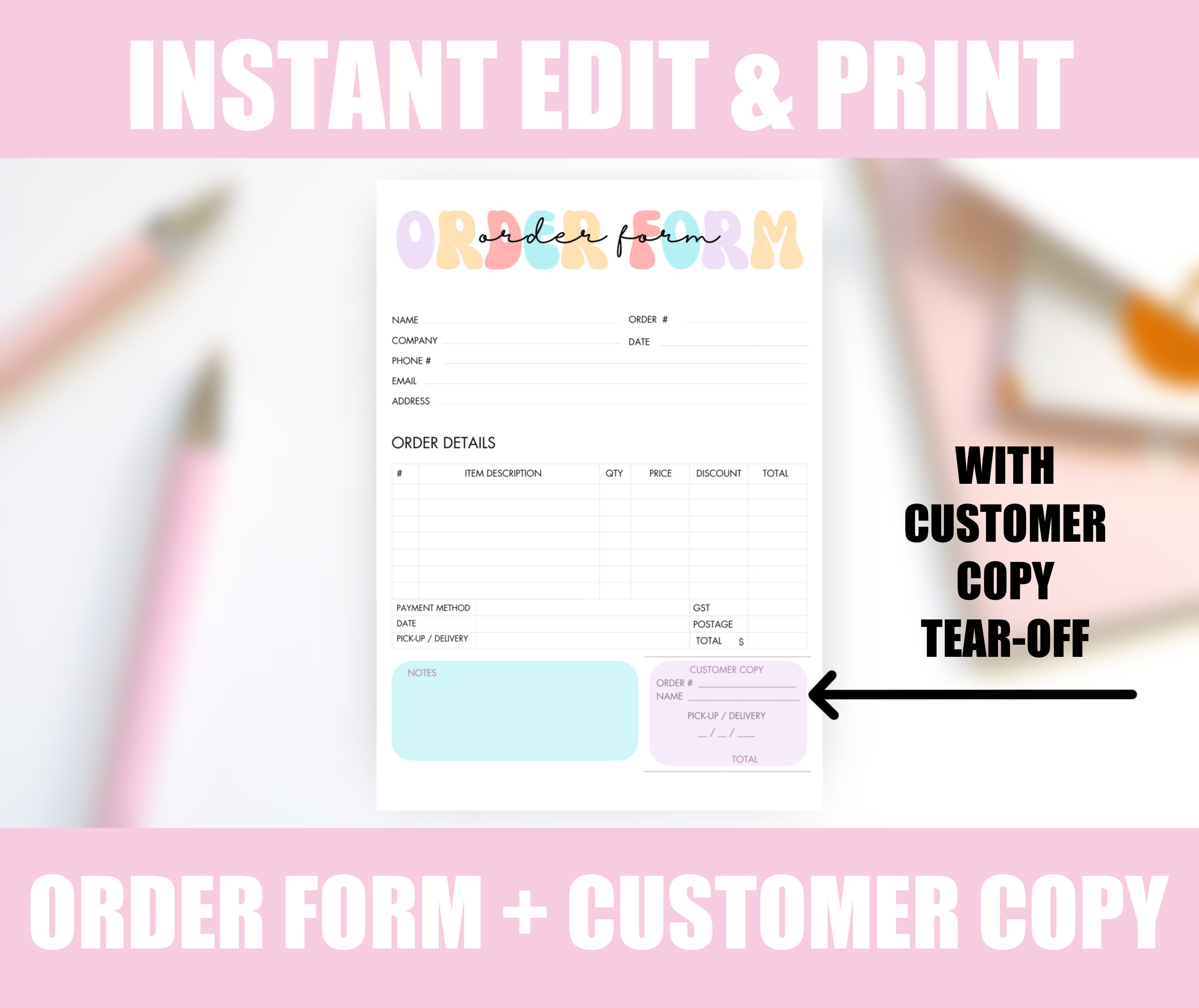 Order Form Template A4 Cute Editable Customer Copy Printable Digital ...
