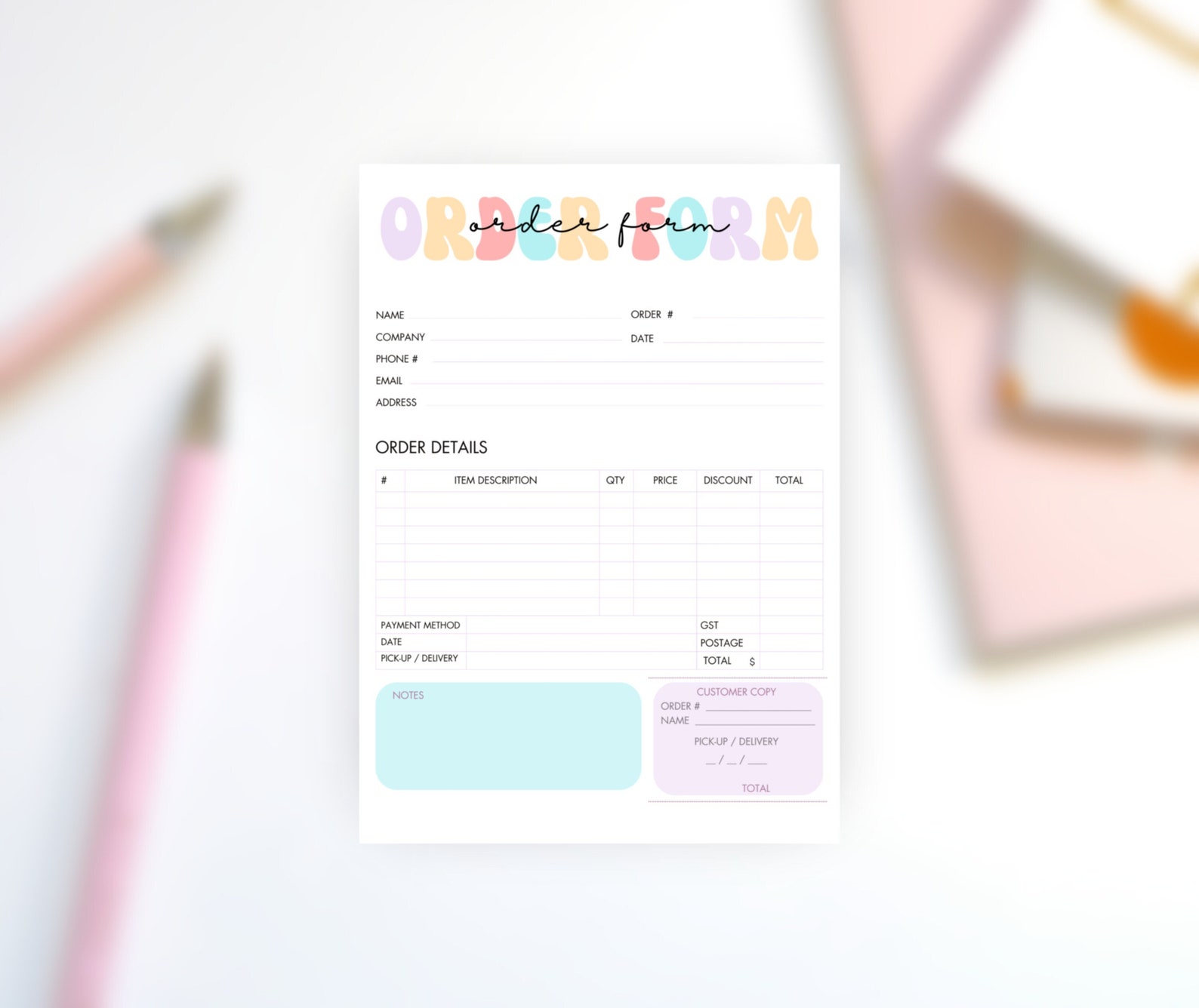 Order Form Template A4 Cute Editable Customer Copy Printable Digital ...