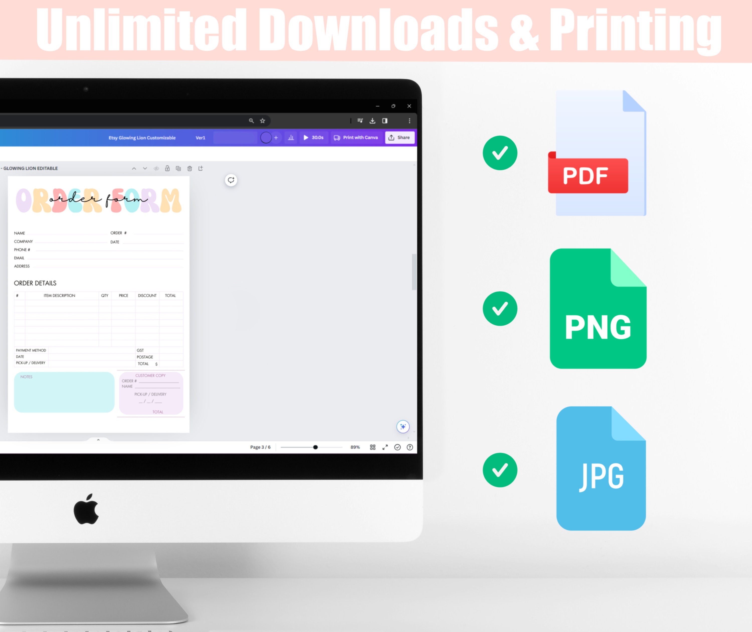 Order Form Template A4 Cute Editable Customer Copy Printable Digital ...