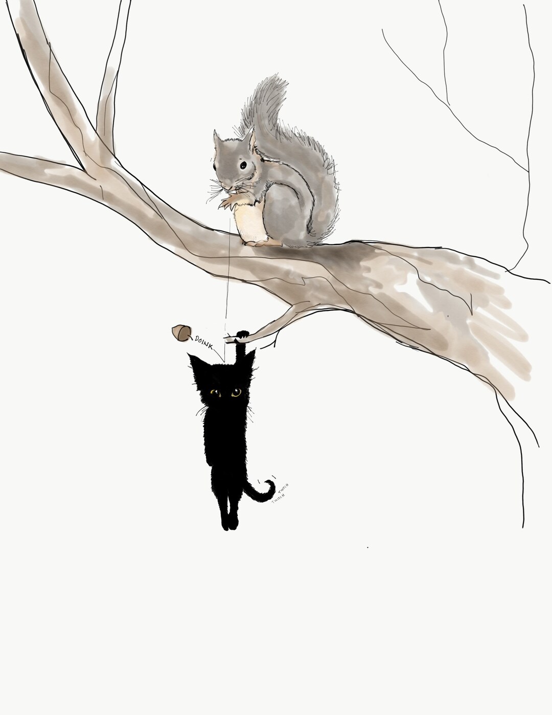 Murph Vs Squirrel/ Funny Black Cat Drawing/ Hand Drawn Illustration ...