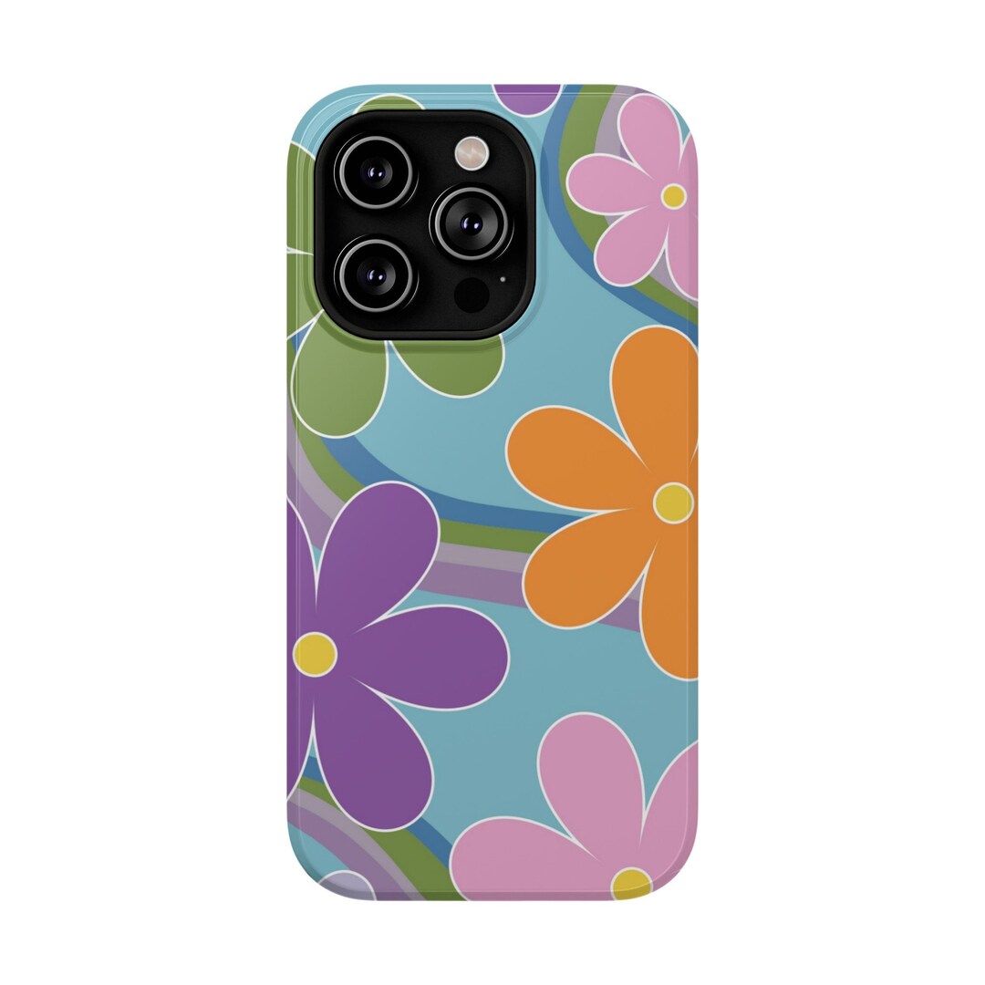 Retro iPhone Case Blue Floral Daisy Pattern, Preppy Phone Case, 70s ...