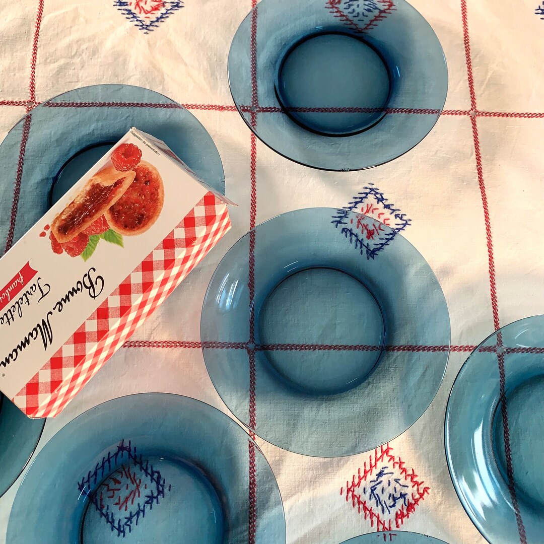 Vintage Set of Six Glass Side Plates Blue Glass Platesfrench Starter ...