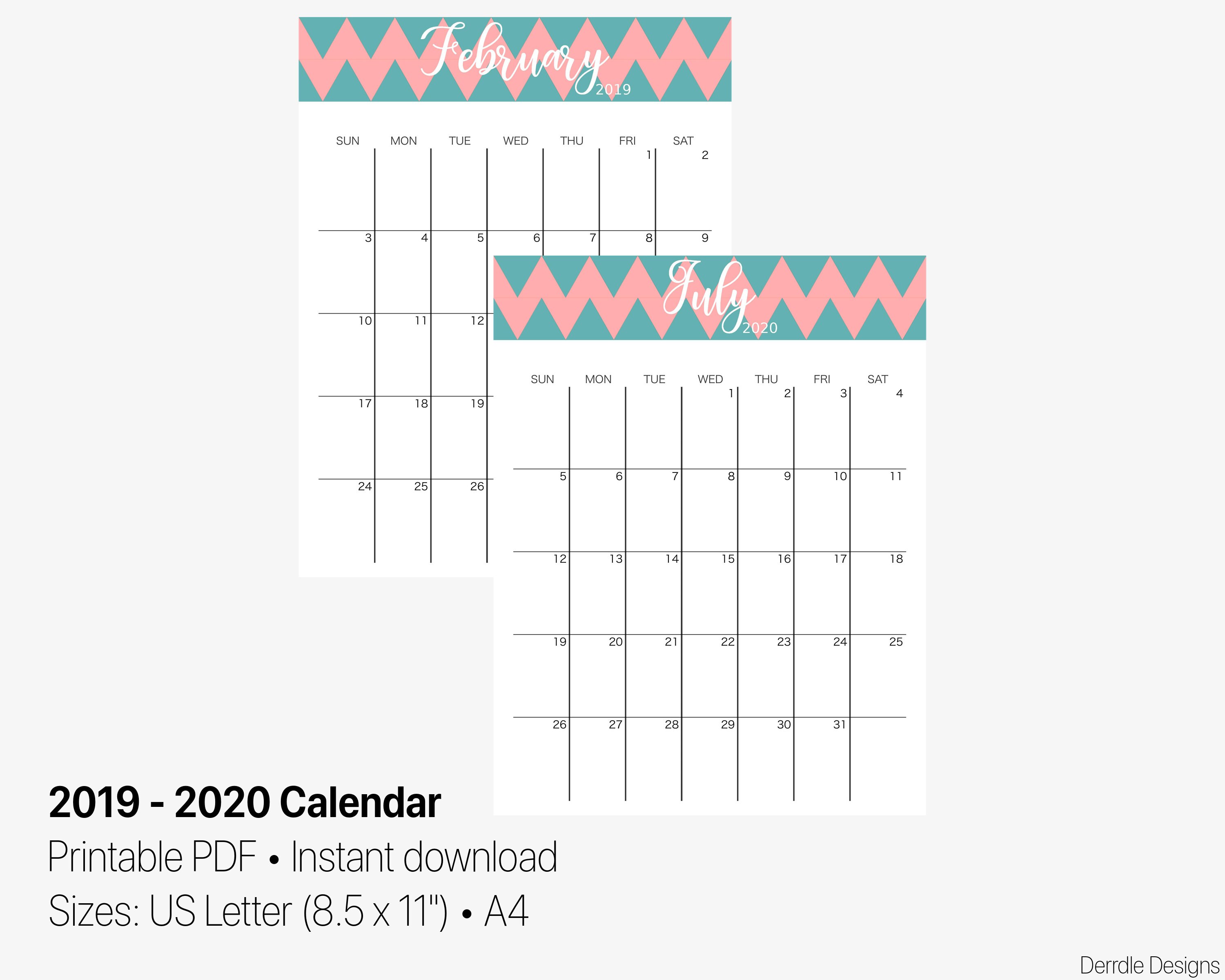 Printable Calendar 2019 2020 Jan 2019 Dec 2020 Instant Digital Download ...