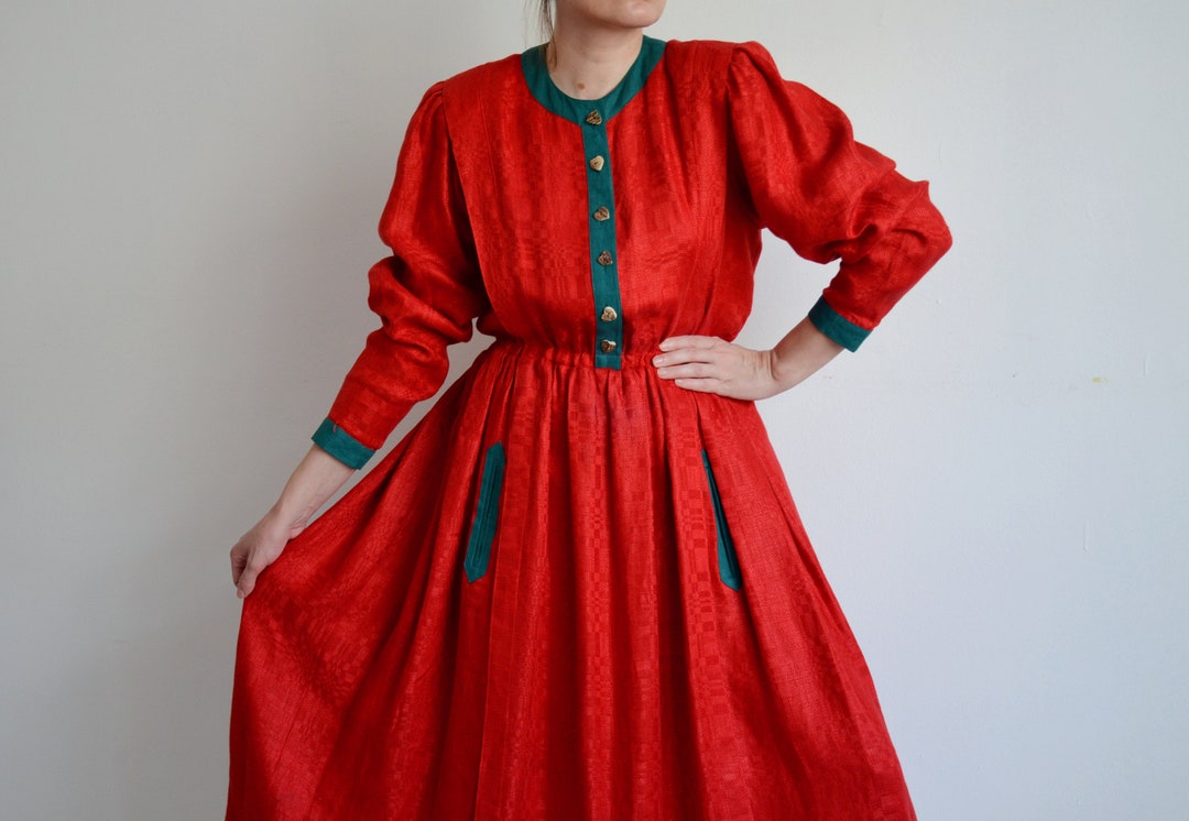 Vintage Sportalm Austrian Dress, Red Folk Dress, Puff Sleeves, Size M ...