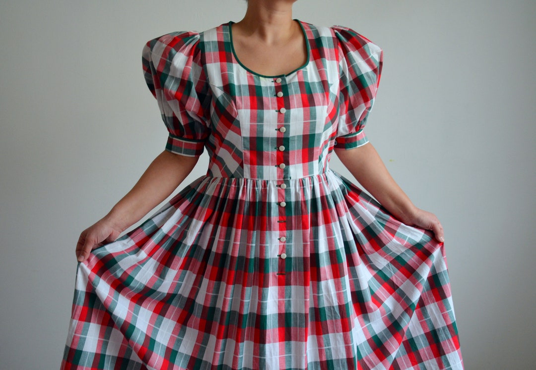 Vintage 80s Austrian Folk Dress, Check Red Green White Dress With Puff ...