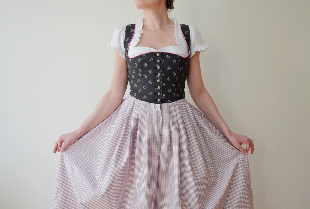 Vintage Austrian Dirndl Dress, Floral & Gingham Folk Dress, Purple Gray ...
