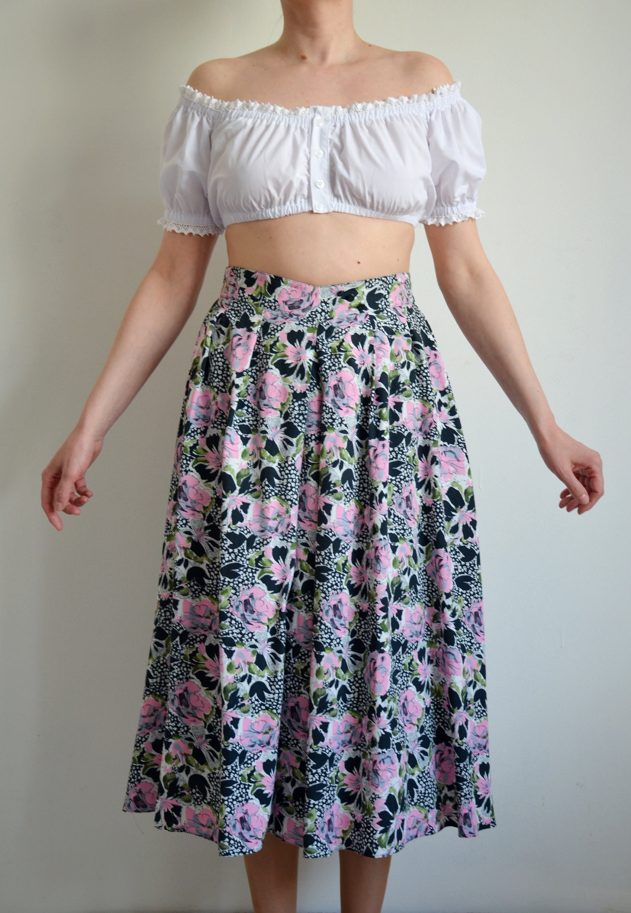 Vintage 80s Floral Mid-calf Skirt, Boho Pleated Skirt, Colorful Summer ...