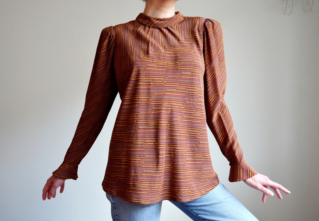 Vintage 80s Striped Silk Blouse, Earthy Tones Boho Print Silk Blouse ...