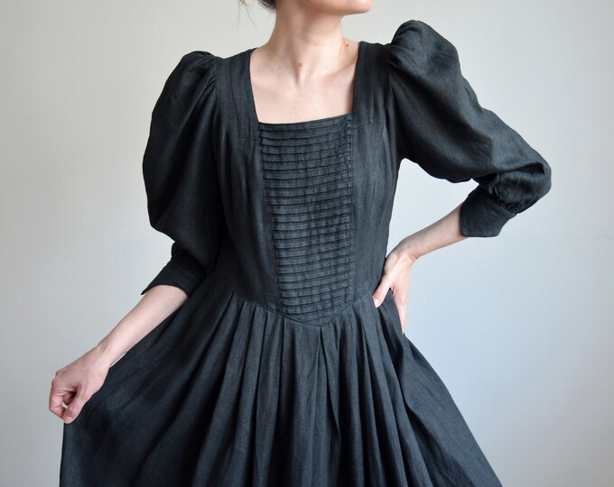 Vintage Austrian Linen Dress With Puffy Sleeves, Black Linen Gothic ...