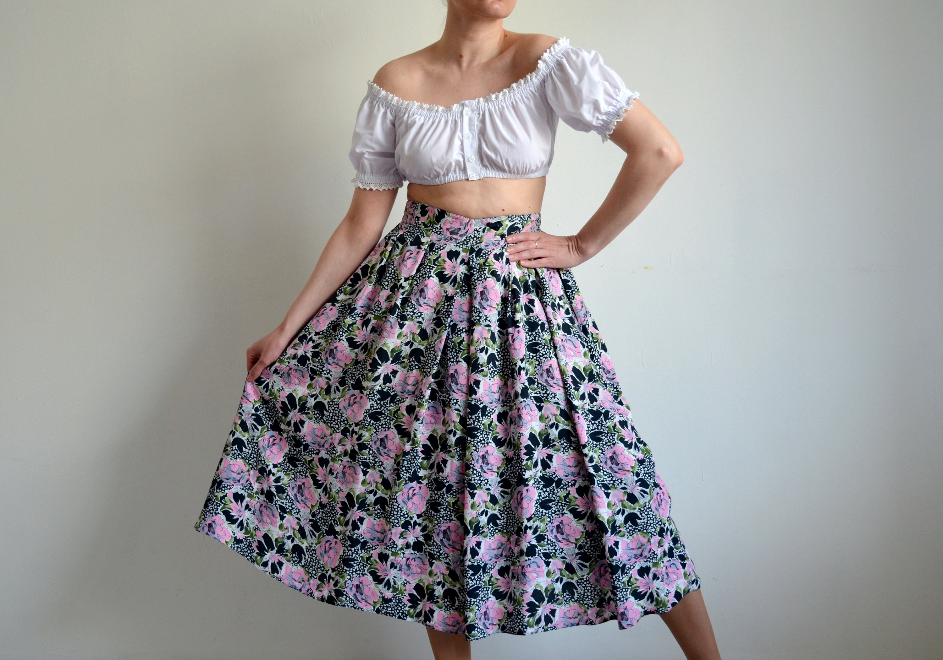 Vintage 80s Floral Mid-calf Skirt, Boho Pleated Skirt, Colorful Summer ...