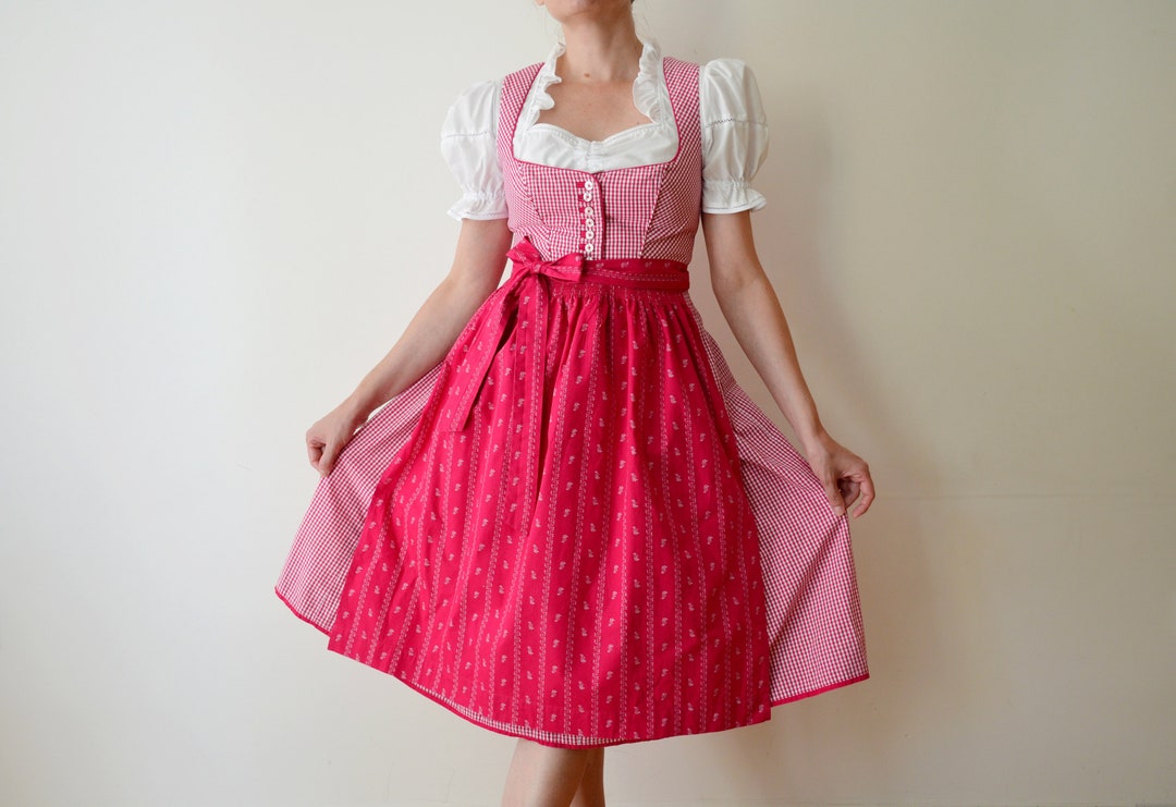 Vintage 90s Austrian Folk Dress With Apron, Magenta & White Gingham ...