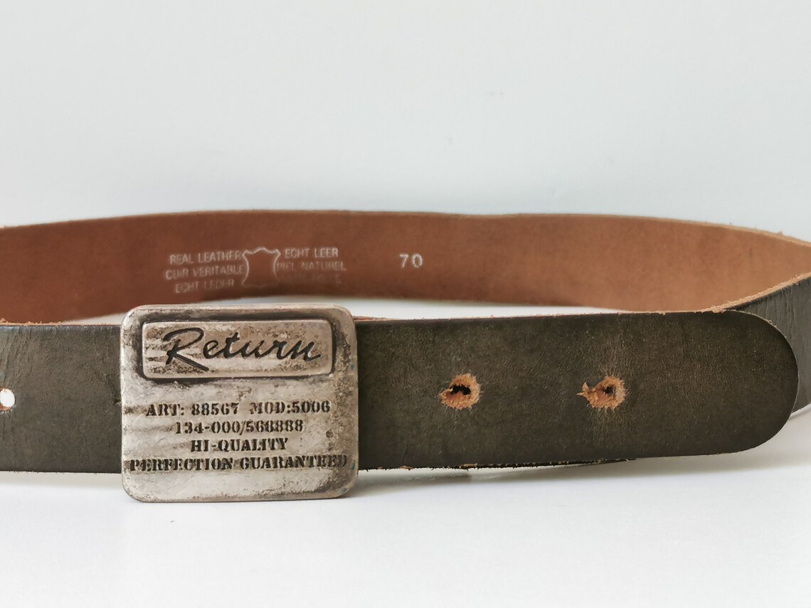 Vintage 90s Brown Leather Belt With Engraved Silver Metal Belt - Etsy
