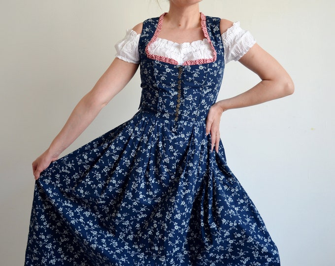 Vintage Austrian Folk Dress, Floral Print Dirndl Dress, Navy Blue ...