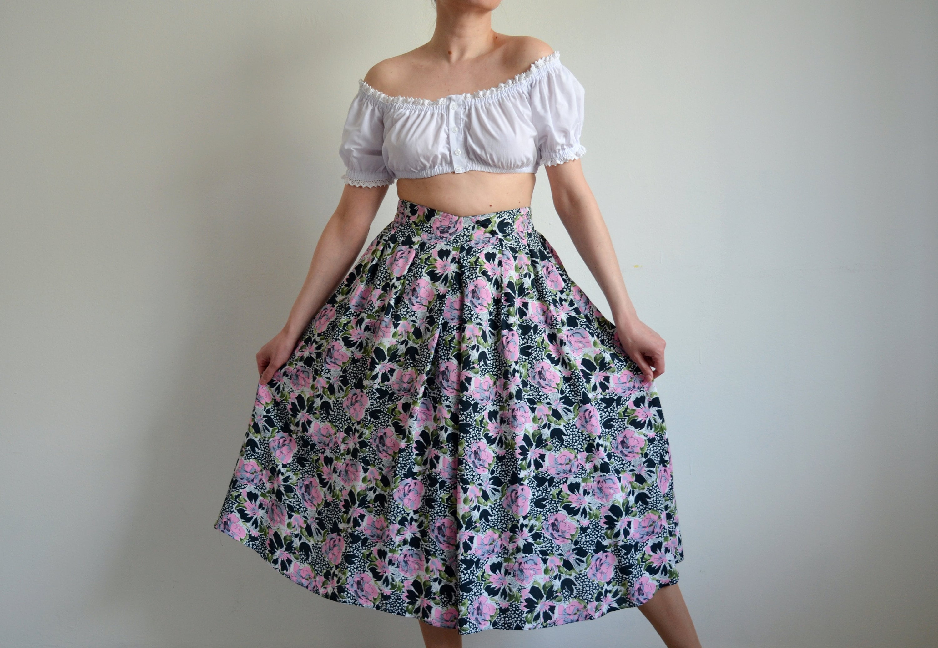 Vintage 80s Floral Mid-calf Skirt, Boho Pleated Skirt, Colorful Summer ...