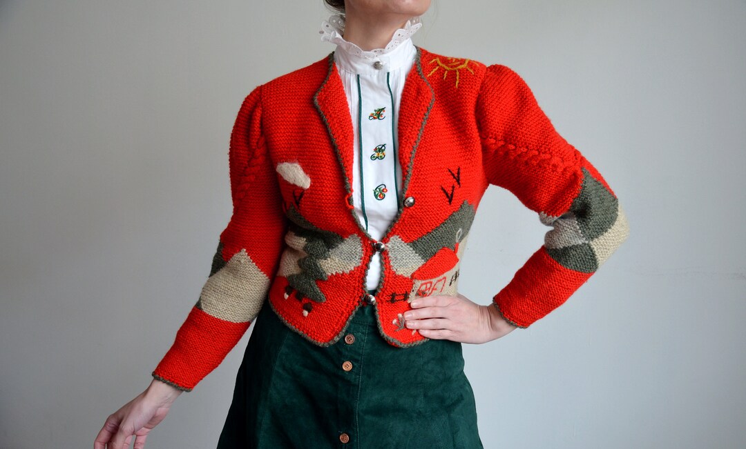 Vintage 80s Austrian Folk Scenic Cardigan, Puffy Sleeve Cardigan, Hand ...